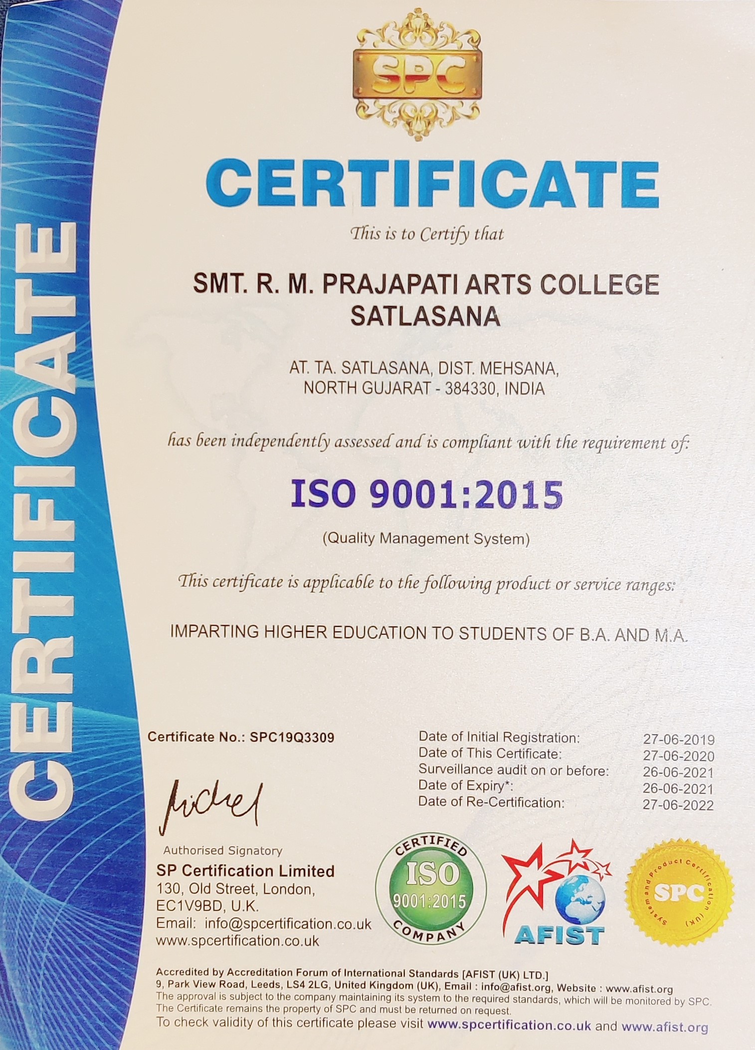 ISO Certificate – RM Prajapati Arts College Satlasana – Satlasana