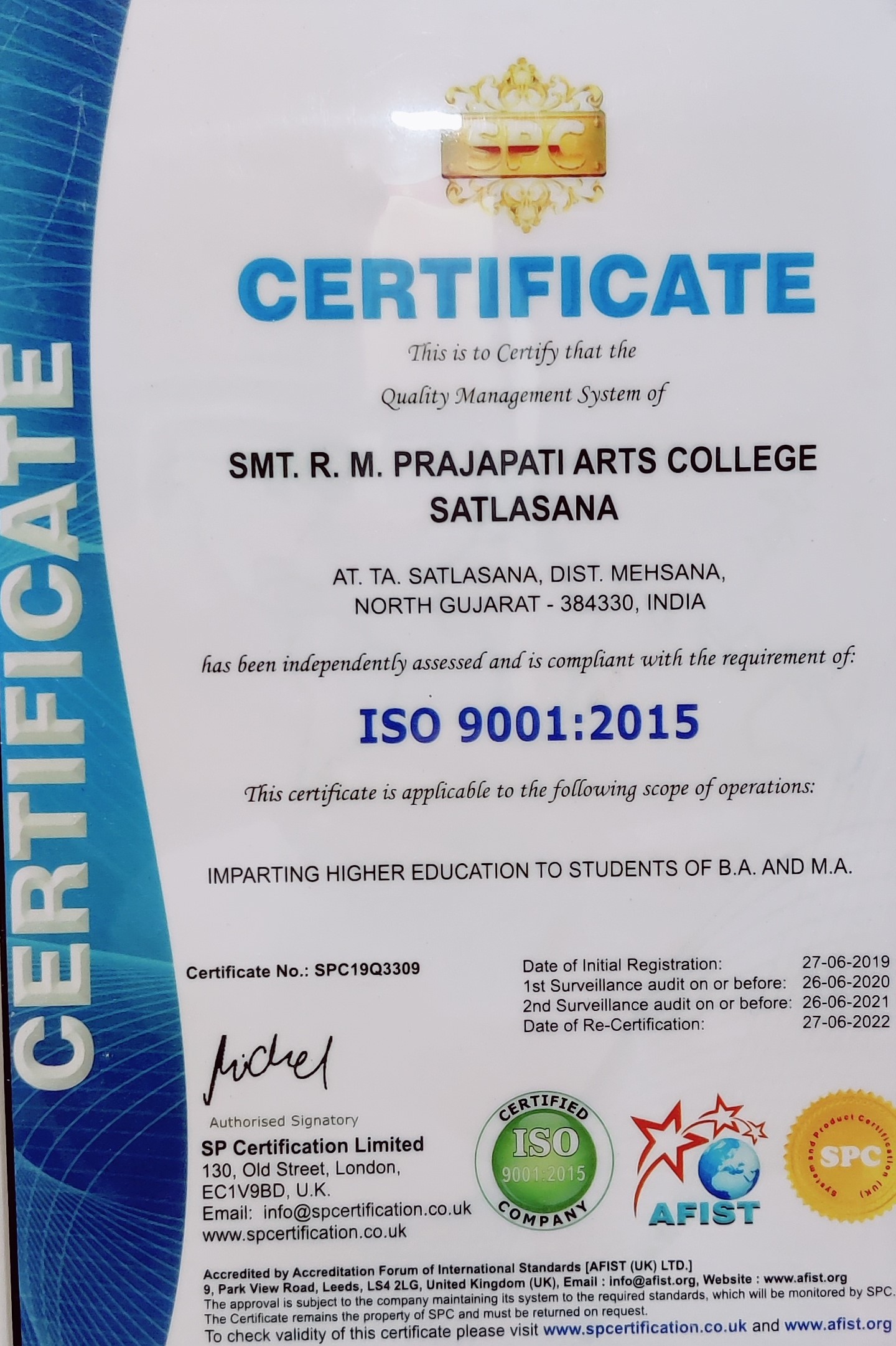 ISO Certificate – RM Prajapati Arts College Satlasana – Satlasana